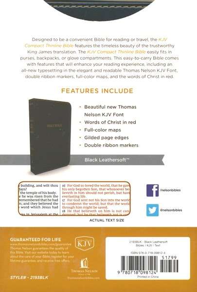 KJV Compact Thinline Bible: Black Leathersoft (ISBN:9780718098124) [24 ...