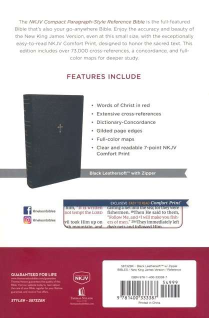 NKJV Compact Reference Bible: Black Leathersoft With Zipper (ISBN ...
